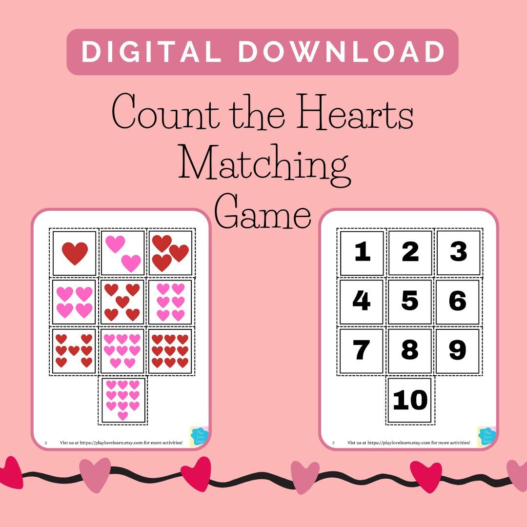 Count the Hearts Number Valentines Matching Game | DIGITAL DOWNLOAD ...