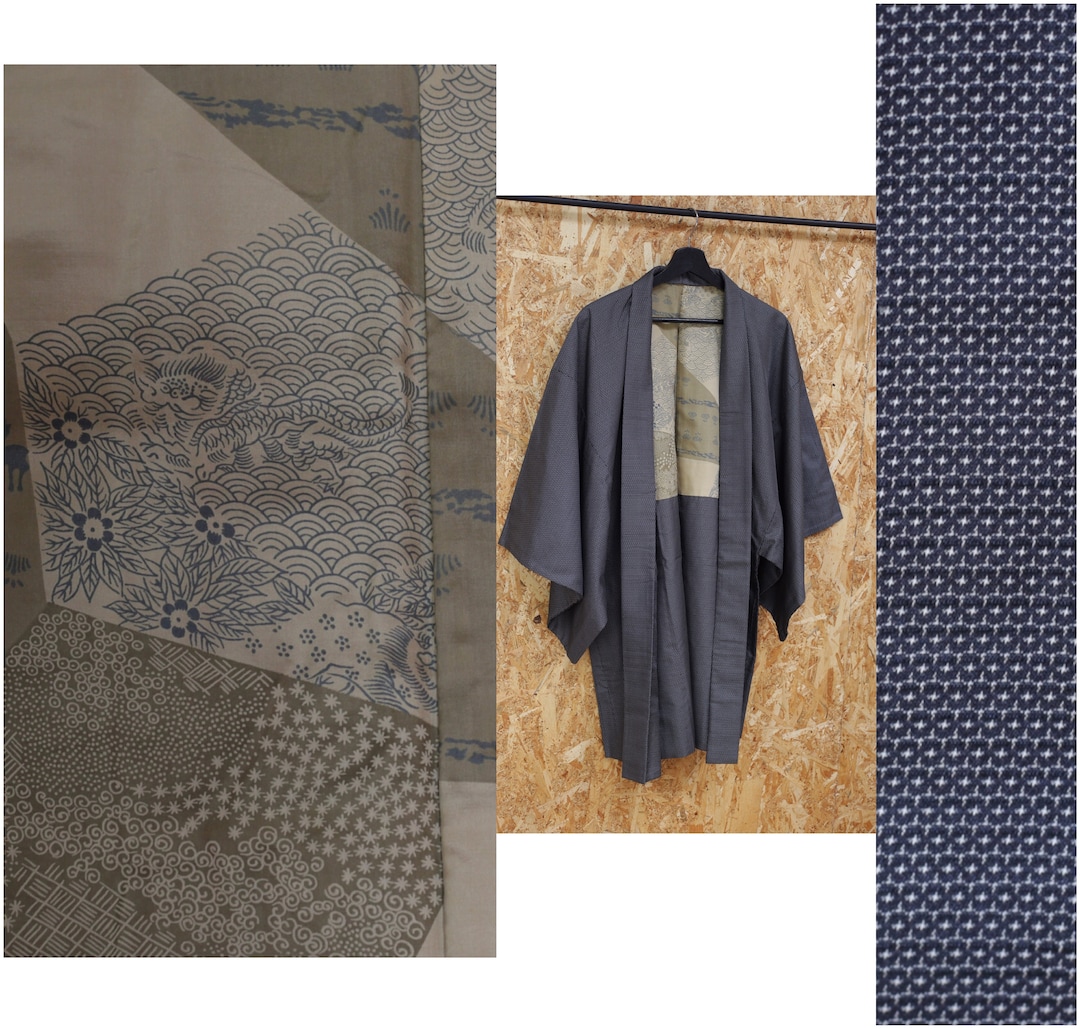 Vintage Men's Oshima Tsumugi Haori, Kimono Jacket, Dragon Design Lining Silk Traditional Kimono ...