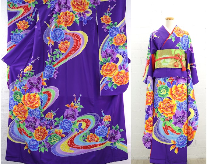 Vintage Purple Rose Design Wedding Furisode Kimono | Synthetic ...