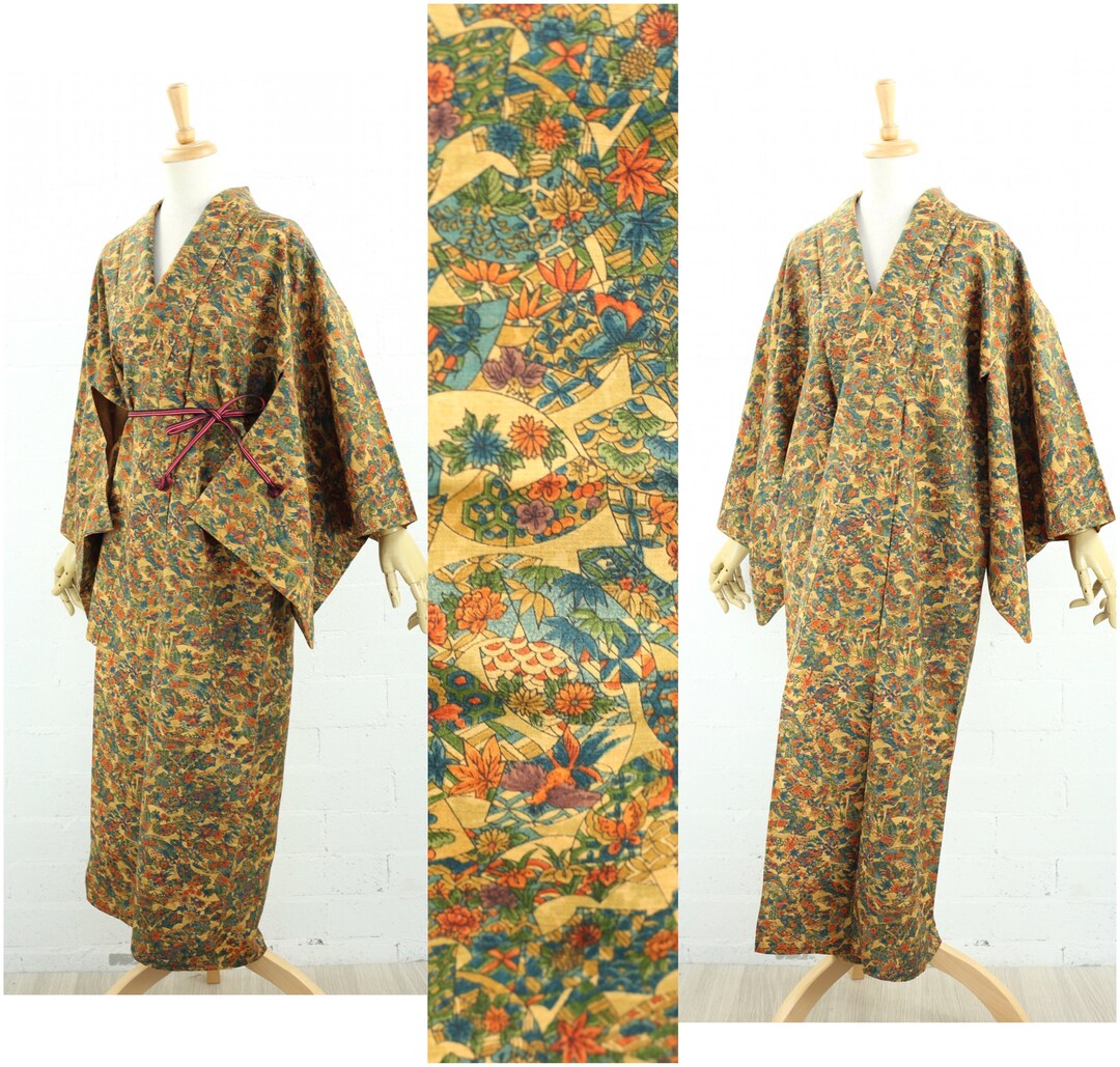 Good Condition "sarasa" Vintage Ankle Length Hitoe Komon Tsumugi Kimono ...