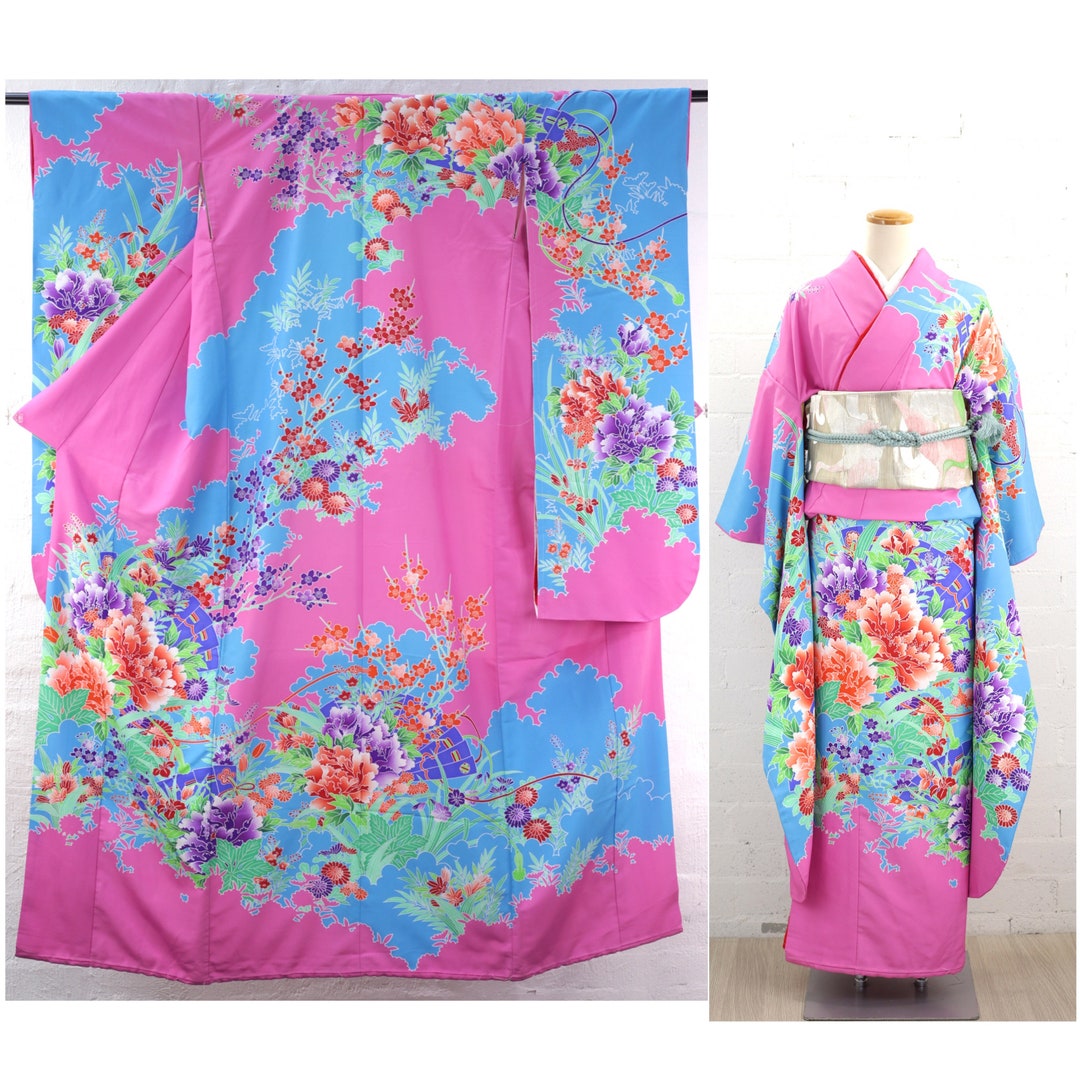 Vintage Wedding Furisode Kimono, Pink, Flower Design | Synthetic ...