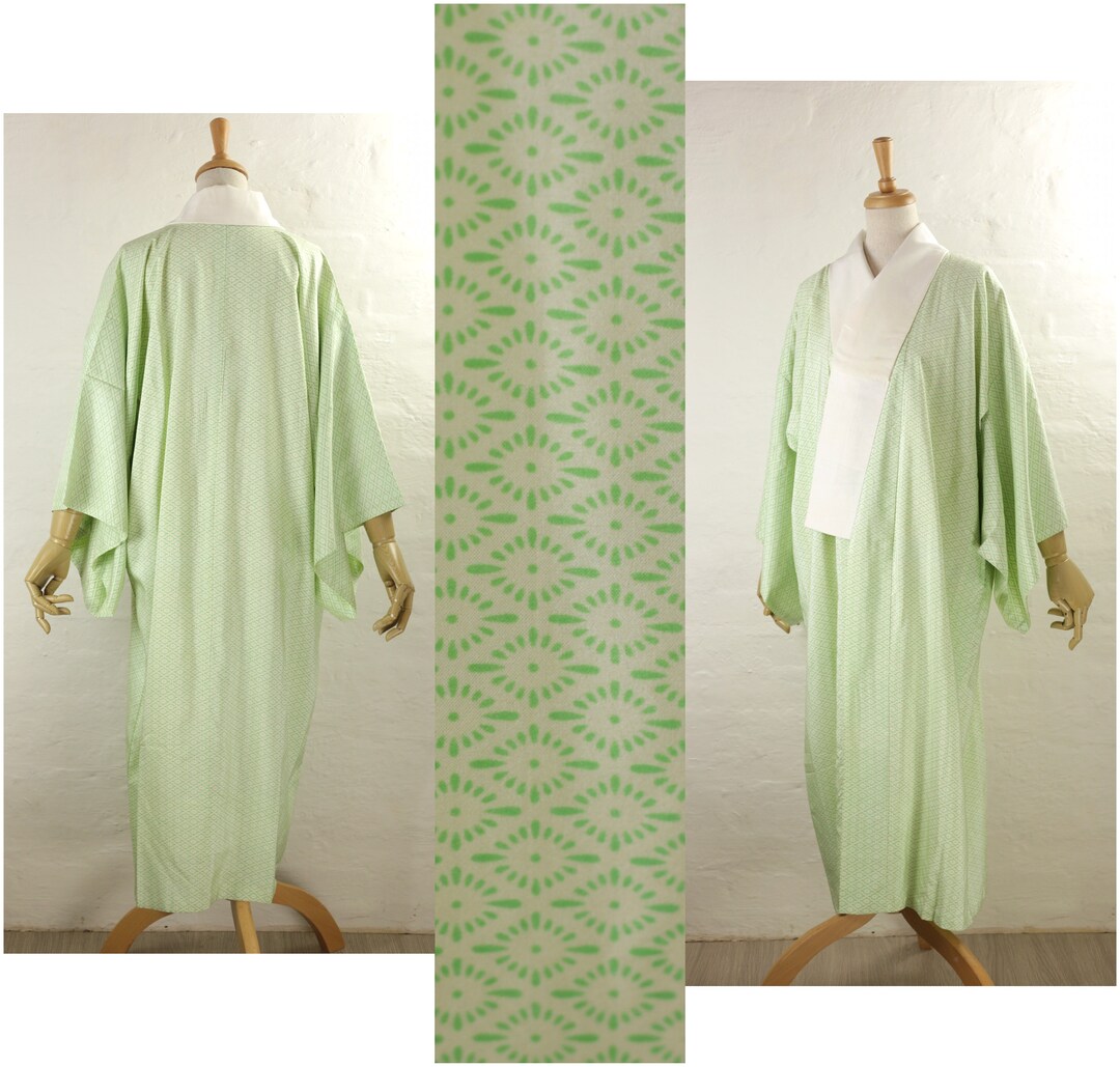 Vintage White&green 'hishi Gata'pattern Wide Collar Nagajuban, Kimono ...