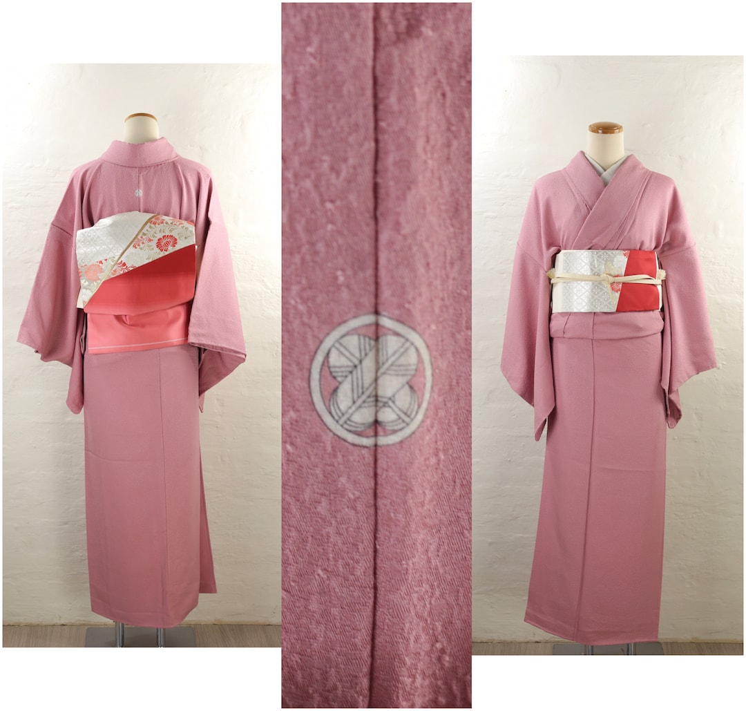 Good Condition, Tall Size Vintage Fukure Ori Pink Iromuji Kimono With a Family Crest Silk ...