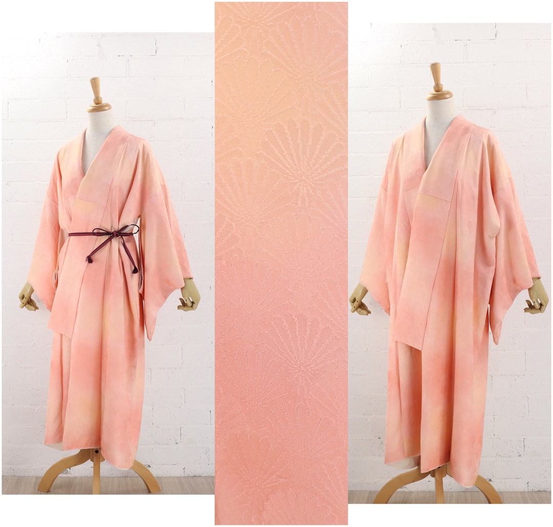 Vintage Mid Length Kimono Salmon Pink bokashi Silk Pink Kimono Mid Length Kimono Traditional ...