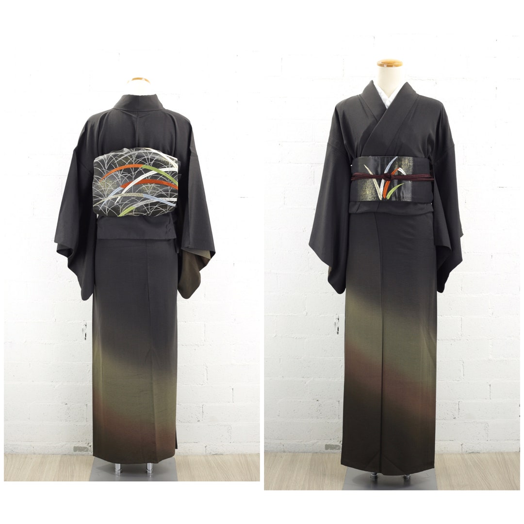 Vintage Semi-formal Dark Brown Bokashi Hitoe Summer Kimono | Silk | Traditional Kimono | Kimono ...