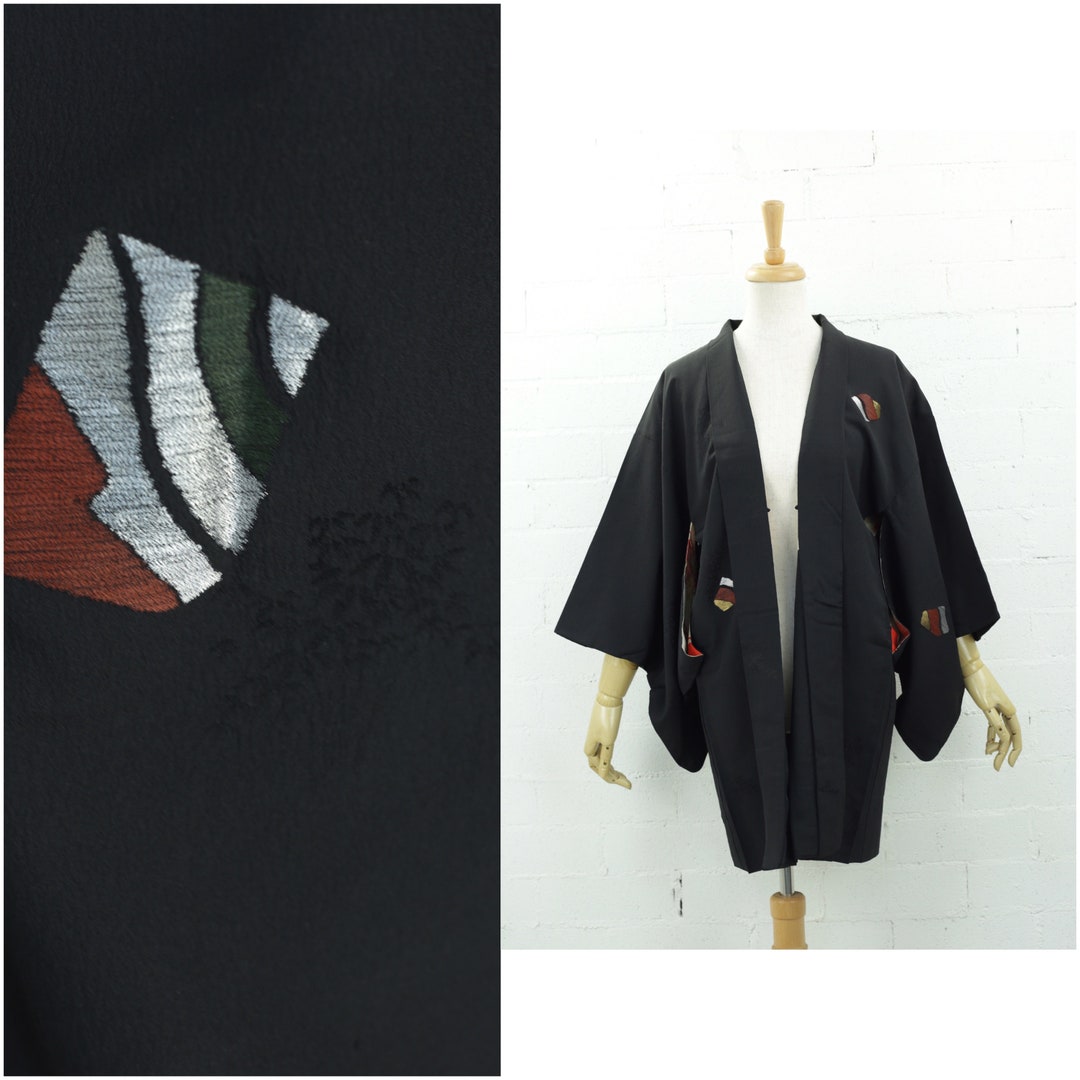 Vintage Black Haori, Kimono Jacket, Modern Pattern Silk Traditional ...