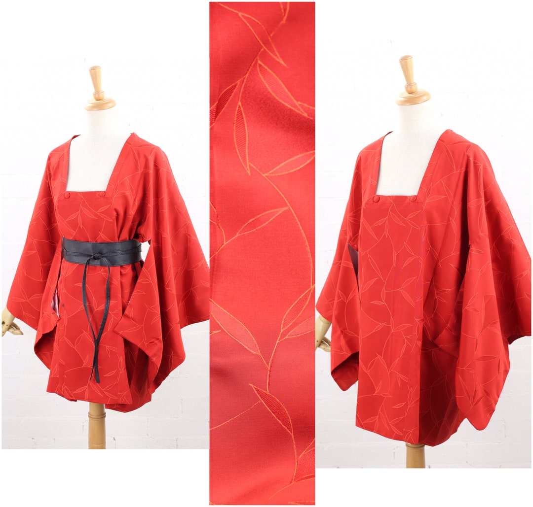 Vintage Michiyuki Kimono Coat, Maroon Red, Leaves Design | Silk ...