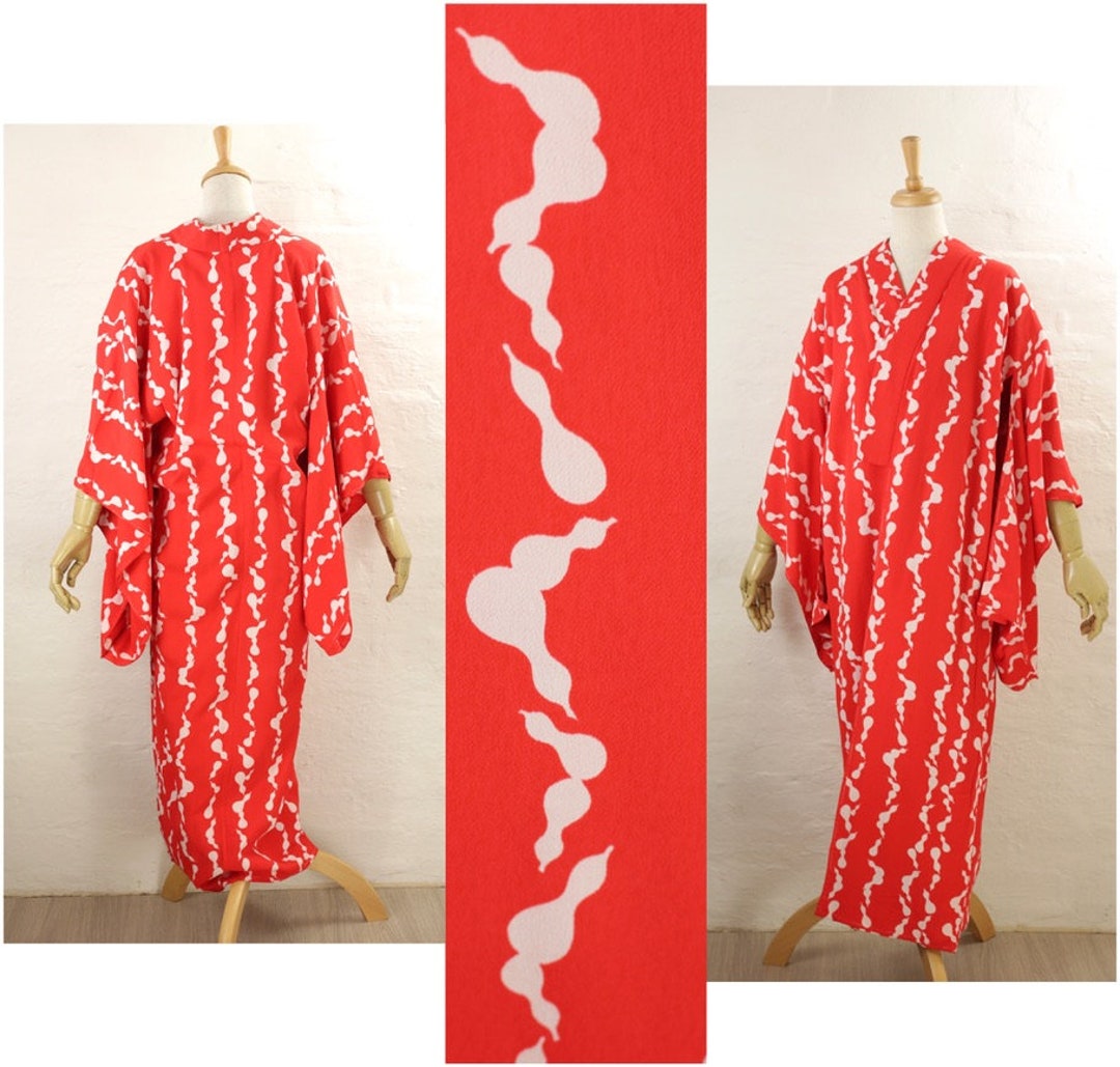Vintage Red&white, 'hyotan' Pattern Nagajuban, Kimono Undergarment ...