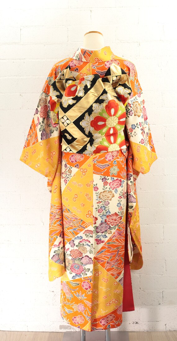 Vintage Orange 'Bingata' Flower Pattern Furisode Kimo… - Gem