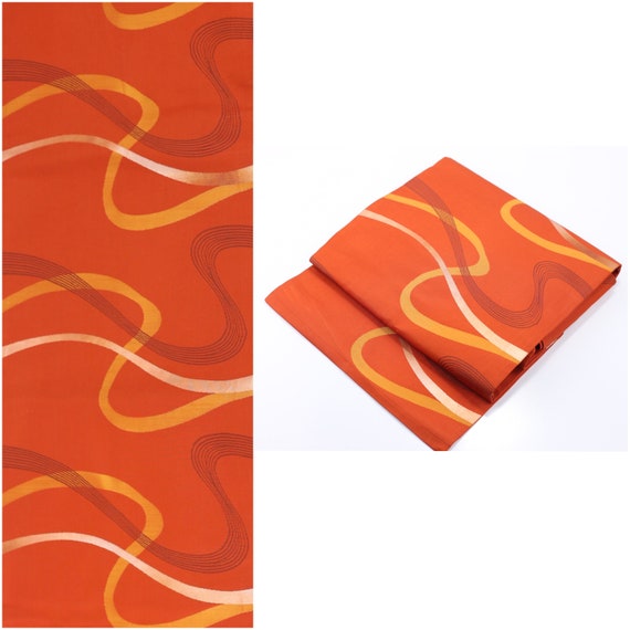 Vintage Brown Orange Modern Wave Pattern Nagoya Obi, … - Gem