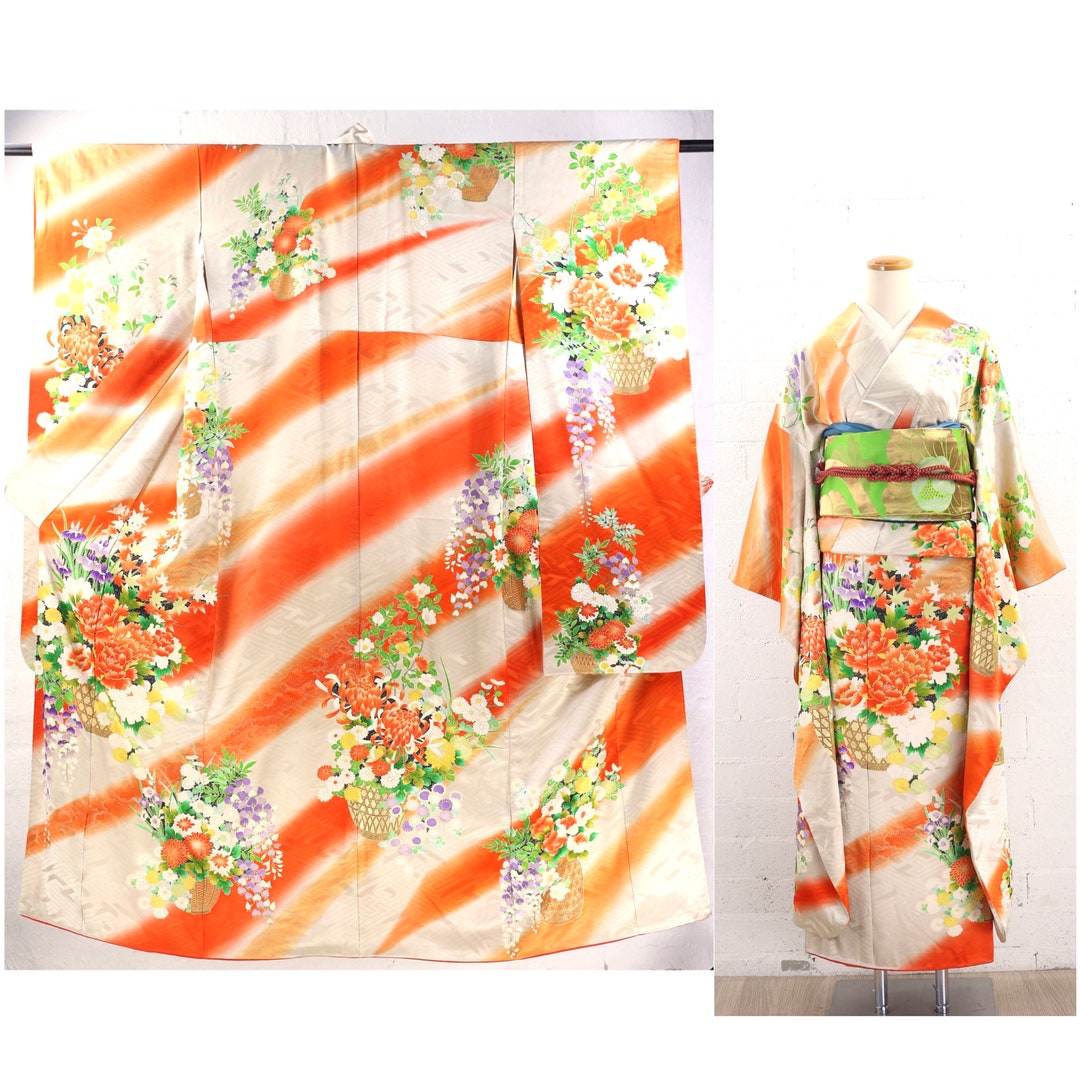 Vintage Orange 'bokashi' Furisode Kimono, Flower Basket Design | Silk ...