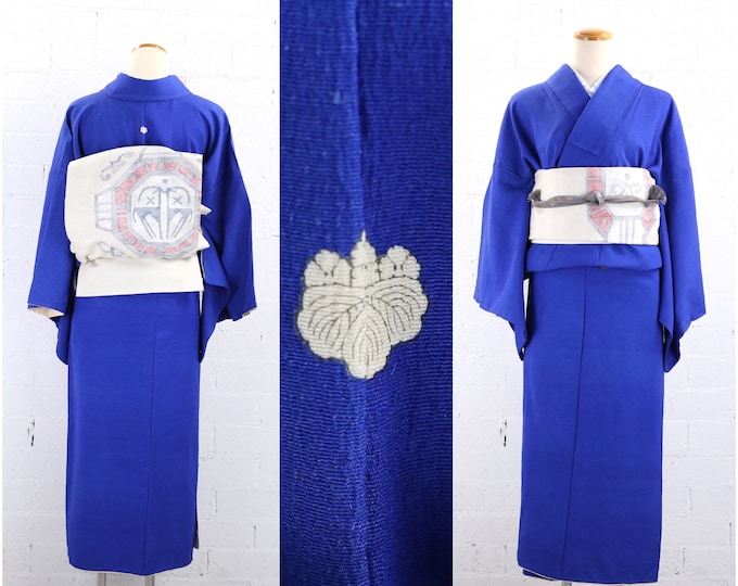 Vintage Blue 'tsumugi' Iromuji Kimono With a Family Crest Silk ...