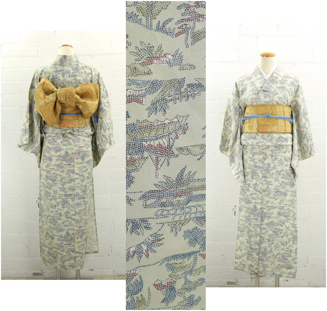 Vintage Summer Hitoe Kimono, Komon Light Green Silk Traditional Kimono ...