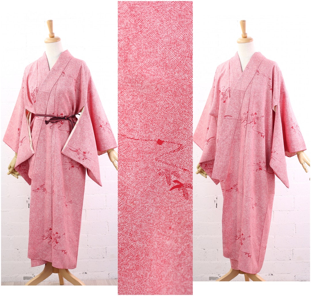Vintage Mid Length Kimono Flower Maple Pattern Silk Japanese Kimono Mid ...