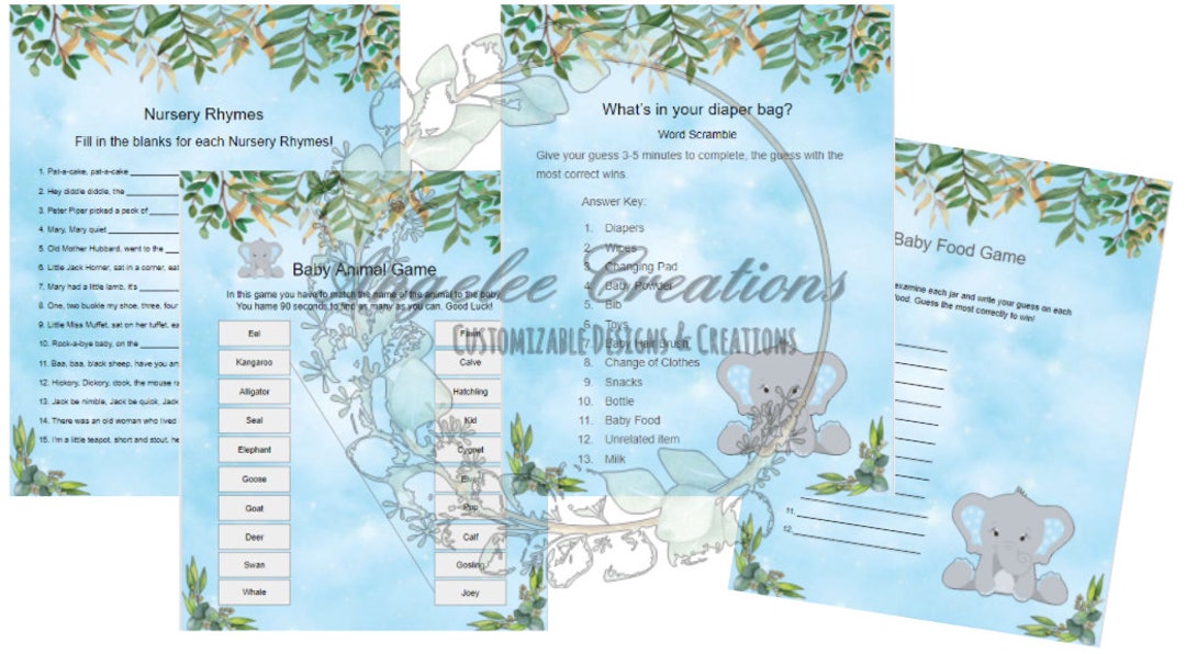 Blue Baby Elephant Baby Shower Game- Digital Download - Etsy