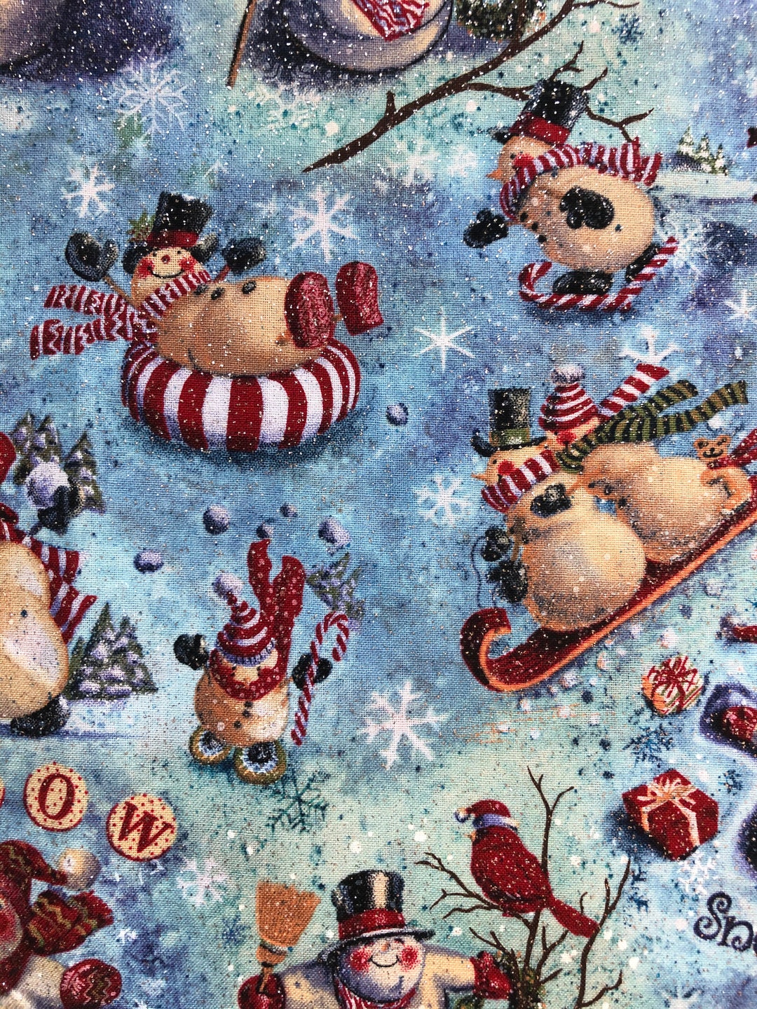 Snowmen's Winter Fabric II Blue Snowman Christmas Lightweight Woven ...