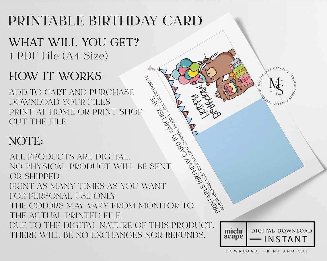 Printable Happy Birthday Card Cute Card Bear Card Instant | Etsy