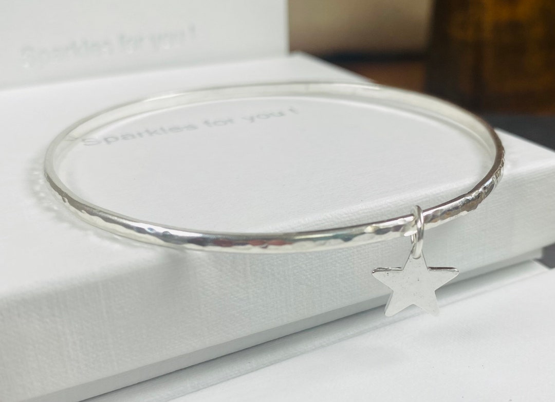 Sterling Silver Solid D Shaped Bangle Bracelet With Dangling Star - Etsy UK