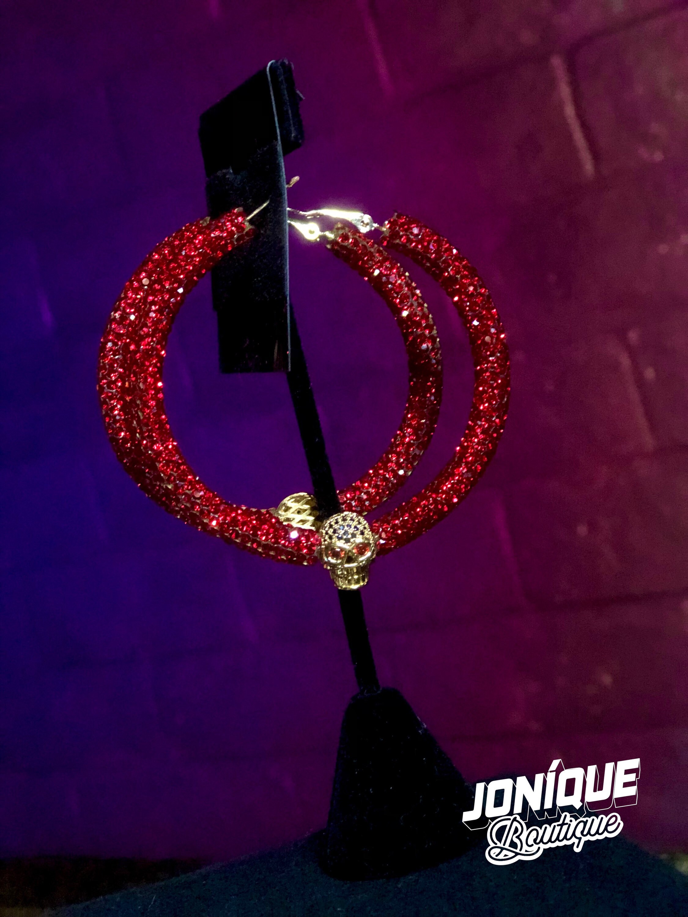 Red Hoop Earrings, Red and Gold Earrings, Skull Earrings, Crystal ...