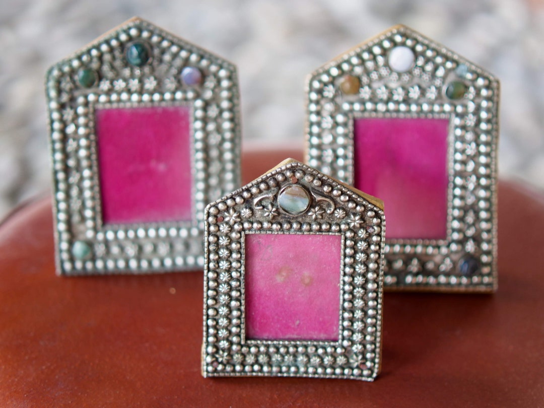 Set of Three Indian Frames in Wood, Cone, White Metal, Chiseled and ...