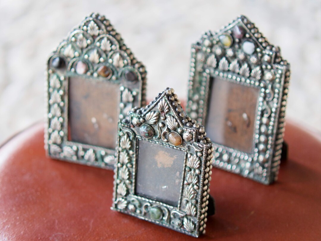 Trio of Indian Wooden Frames With Chiseled White Metal and Gems Code ...