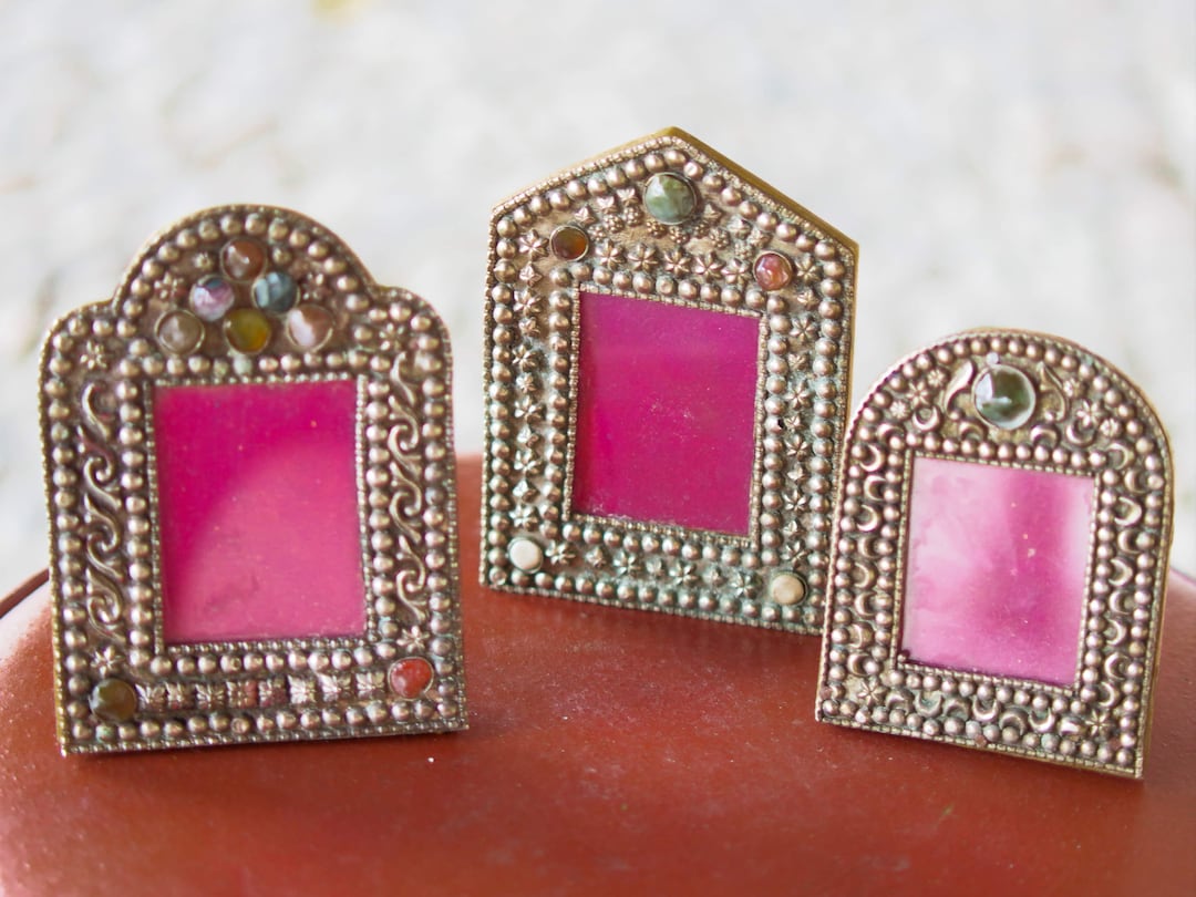 Set of Three Indian Frames in Wood, Cone, White Metal, Chiseled and ...