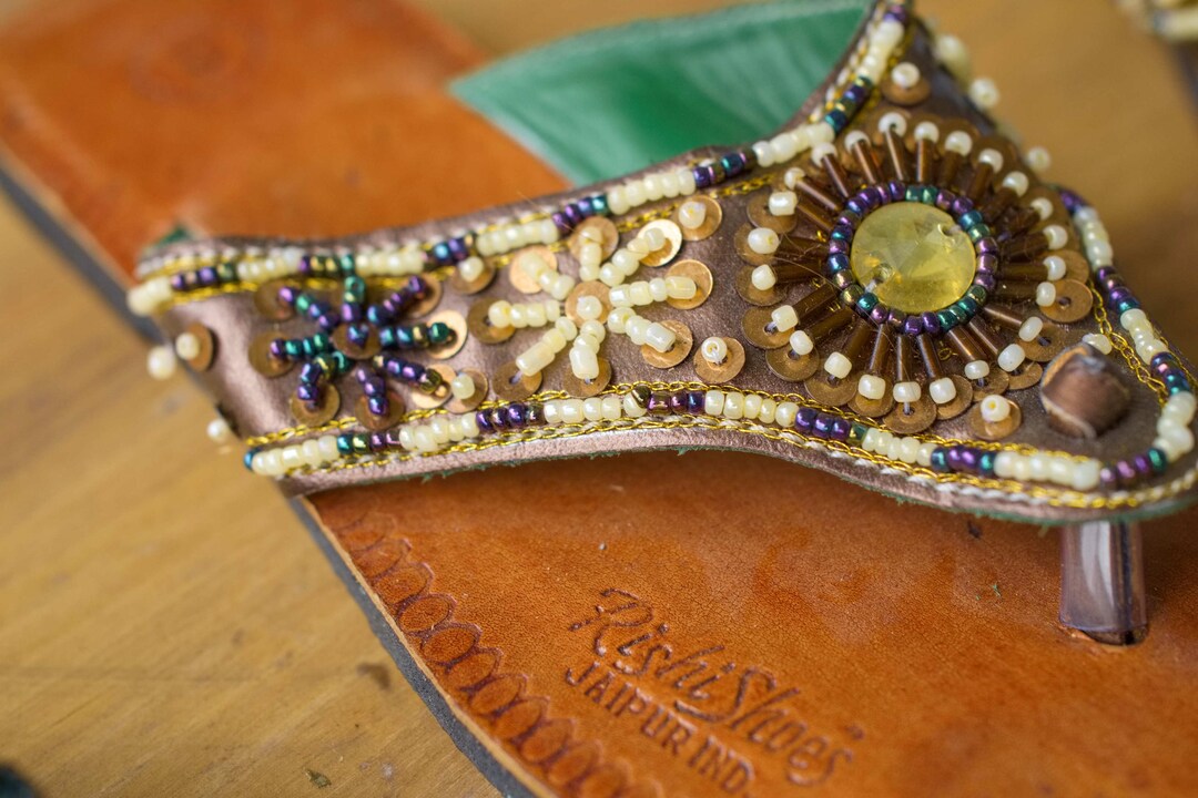 Indian Leather Flip Flops Embroidered With Glitter and Beads - Etsy