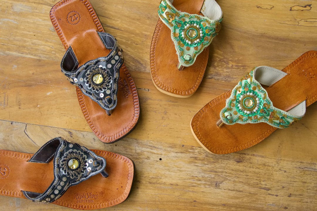 Indian Leather Flip Flops Embroidered With Glitter and Beads - Etsy