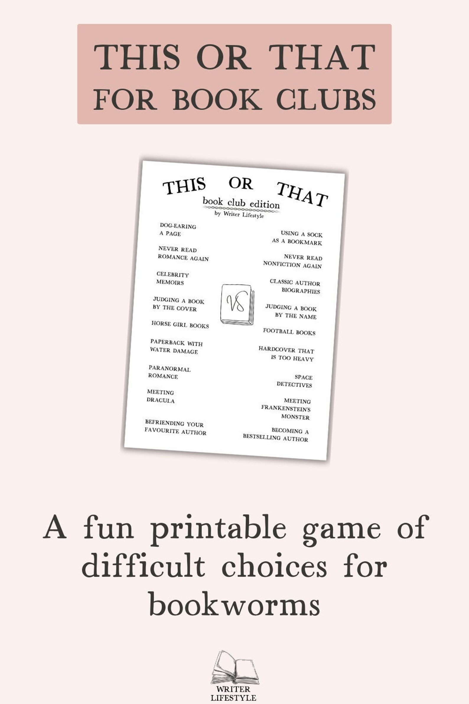 This or That Printable Book Club Game, Reader Party Games for Book ...