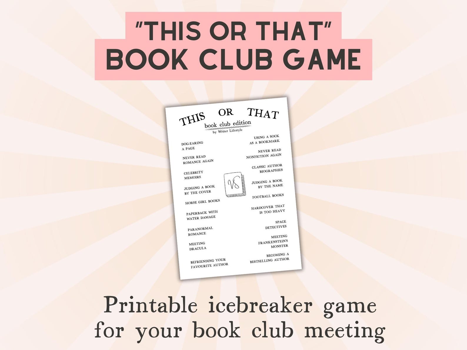 This or That Printable Book Club Game, Reader Party Games for Book ...