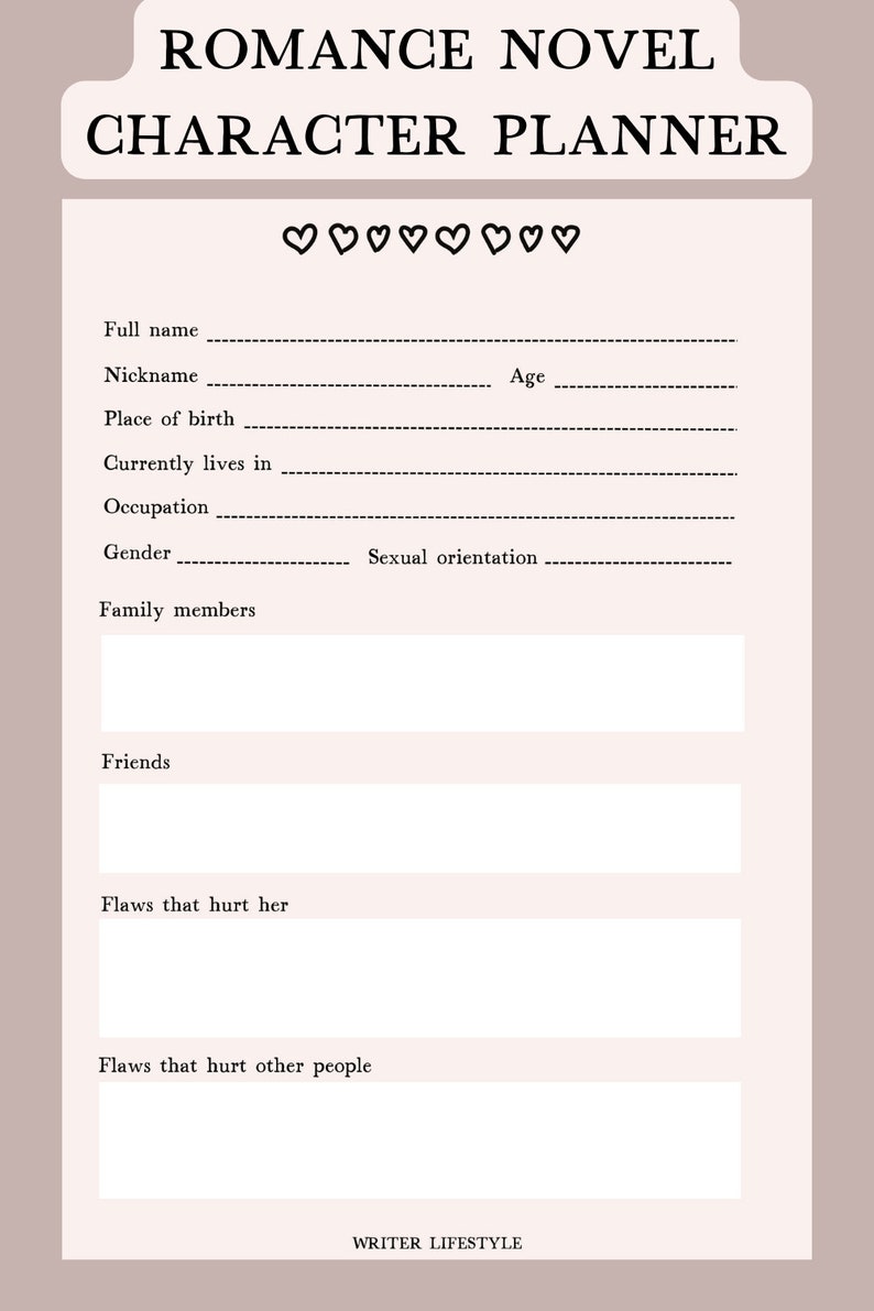 Romance Novel Character Planning Worksheets, Romance Book Planner for ...