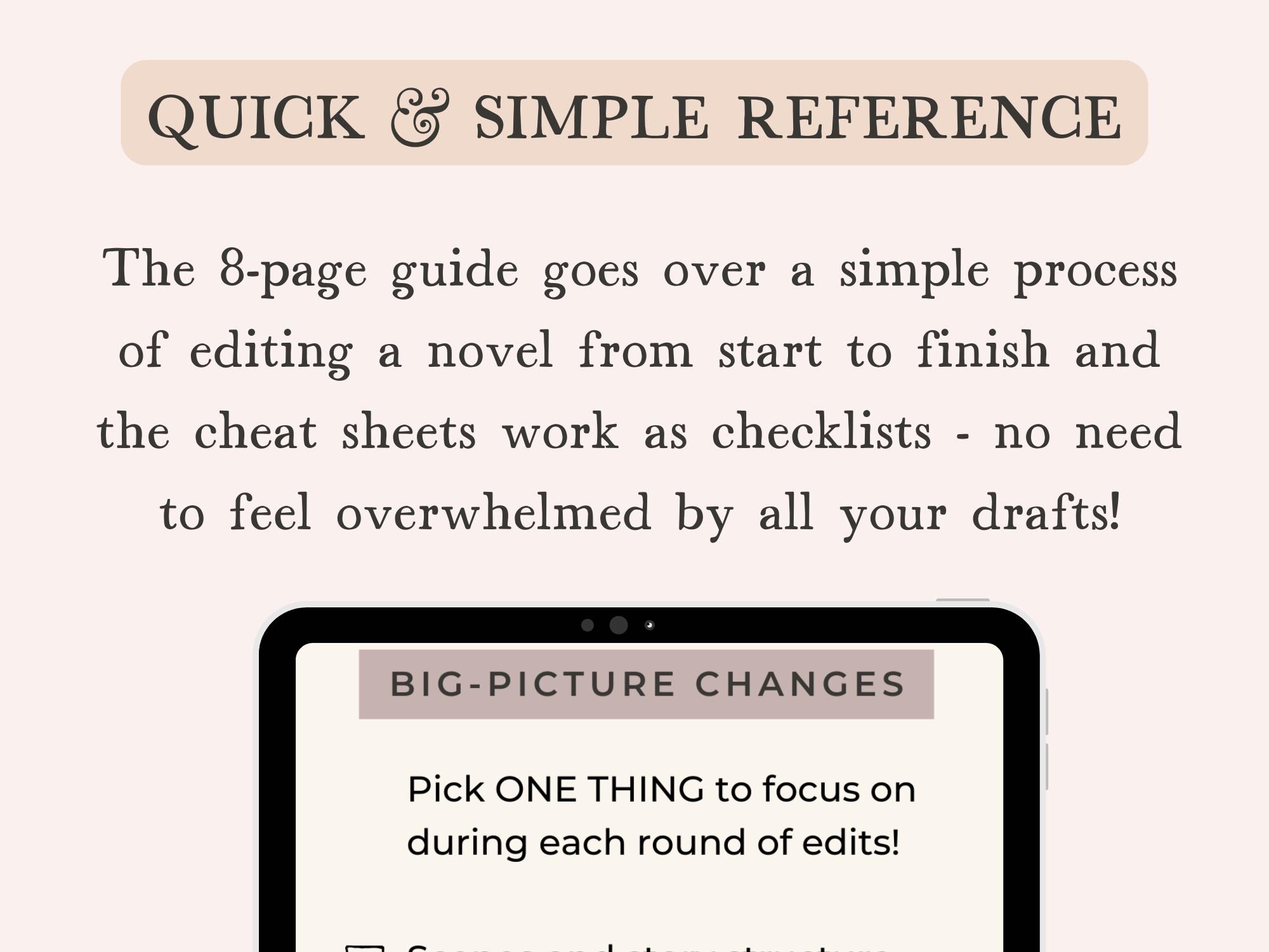 Quick Guide and Cheat Sheets to Editing Your Novel, Printables for ...