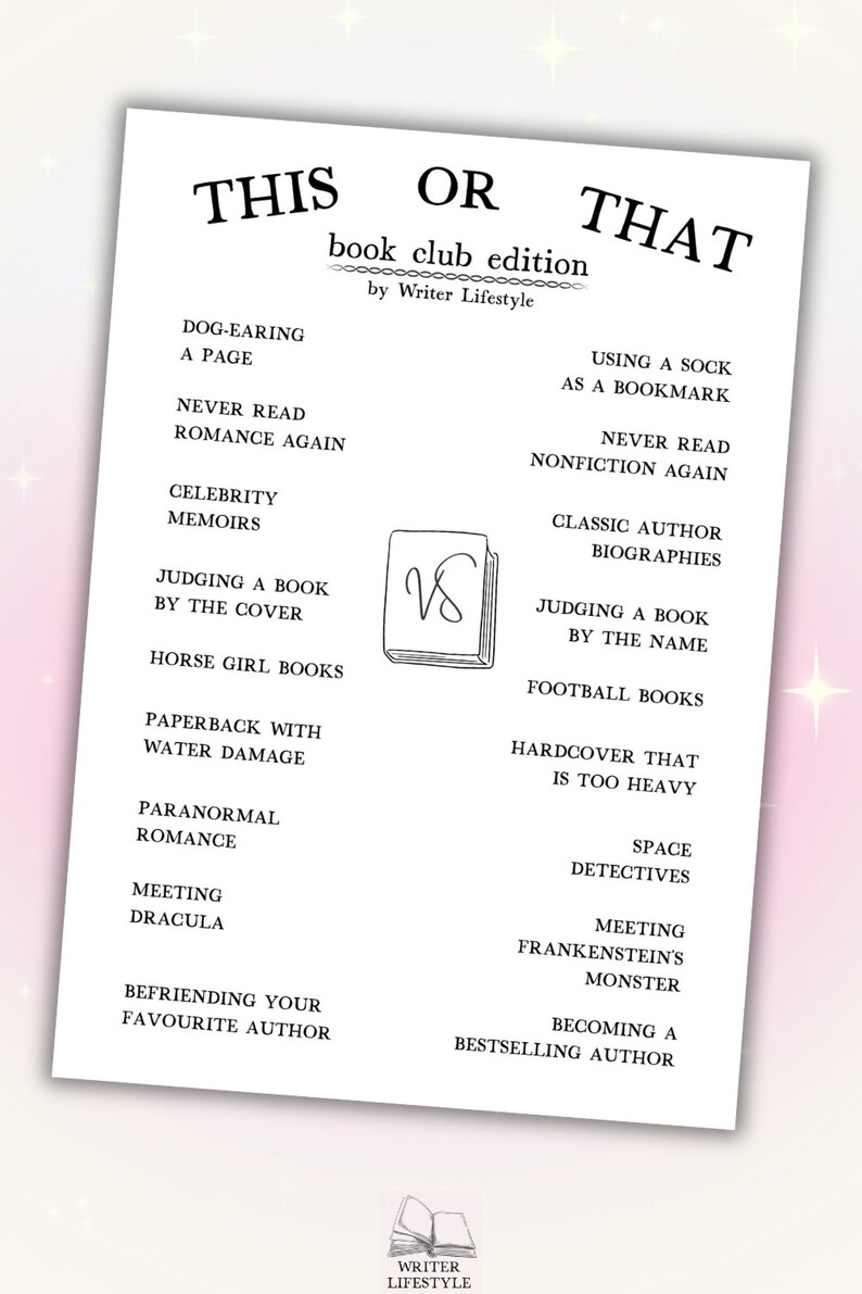 This or That Printable Book Club Game, Reader Party Games for Book ...