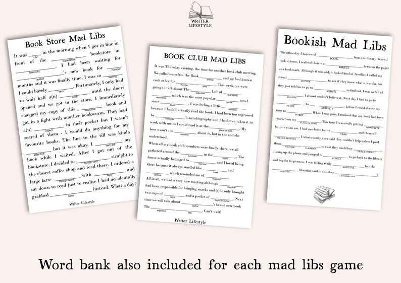 Printable Mad Libs Bundle for Bookworms, Book Club Game, Funny Party ...