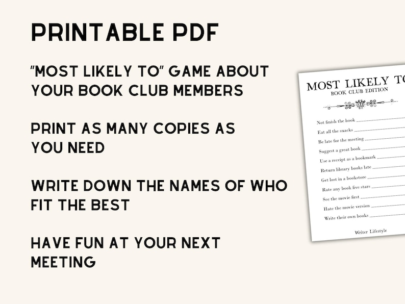 Printable Game "most Likely To" for Your Book Club Meeting Activities ...