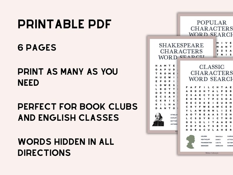 Word Search Bundle for Bookworms, Printable Word Games, Book Club ...