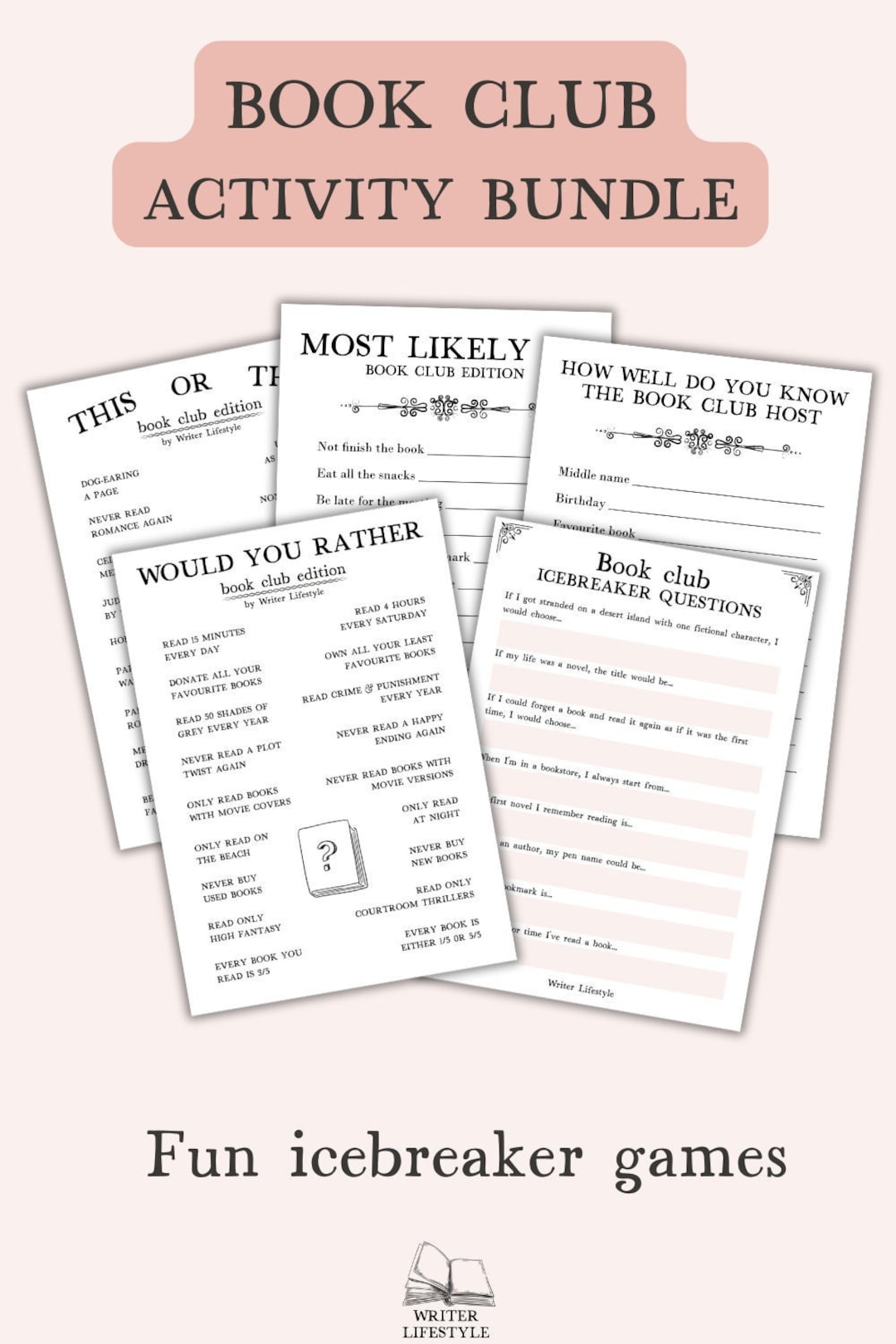 Book Club Icebreaker Activities Bundle, Printable Games, Get to Know ...