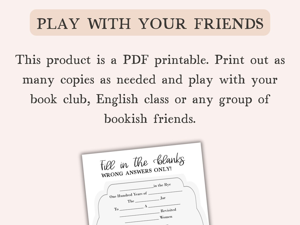 Funny Book Club Game, Printable Literature Party Game, Fill in the ...
