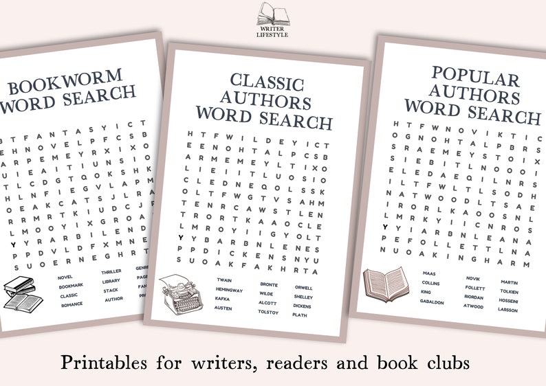 Word Search Bundle for Bookworms, Printable Word Games, Book Club ...