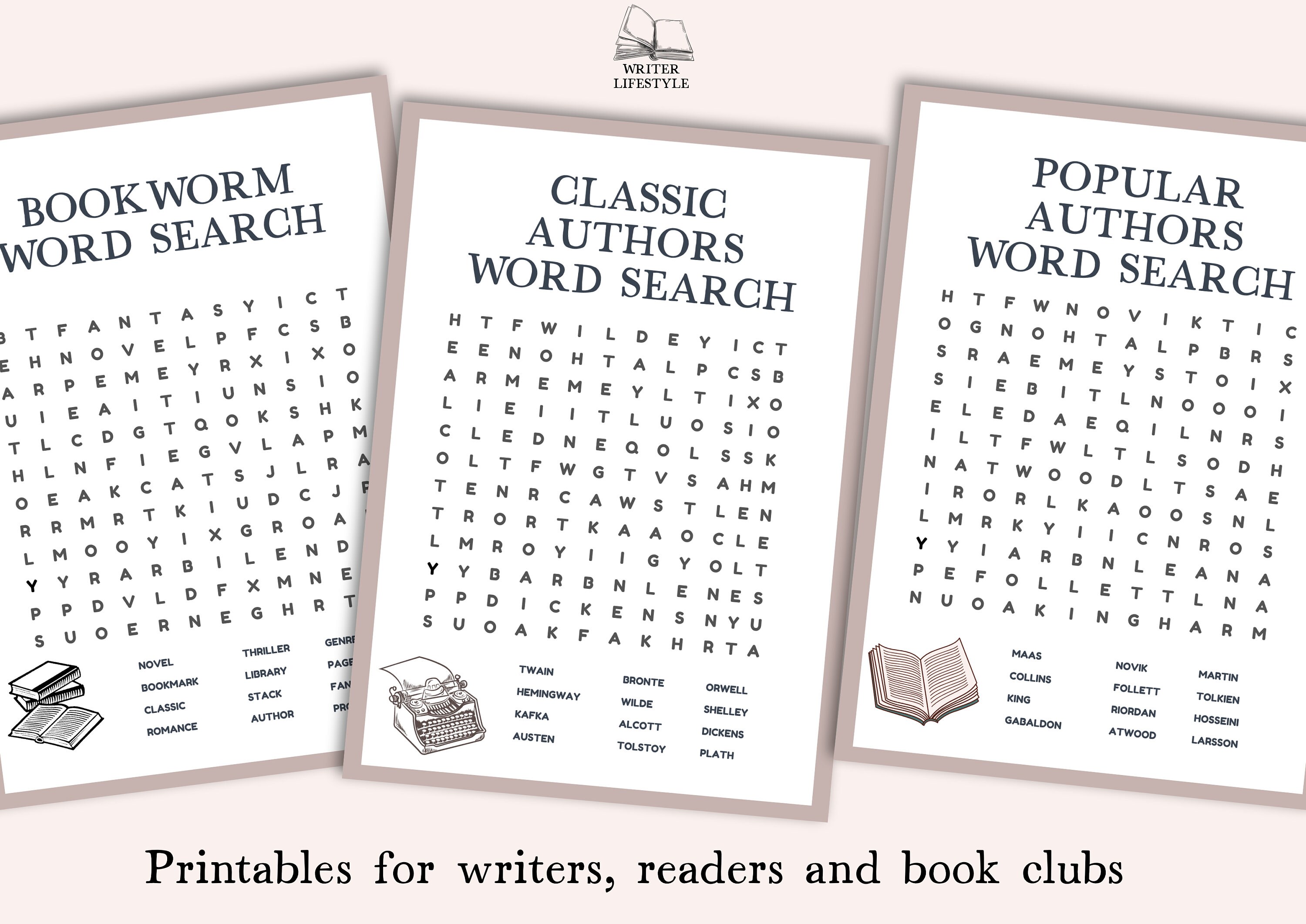 Word Search Bundle for Bookworms, Printable Word Games, Book Club ...