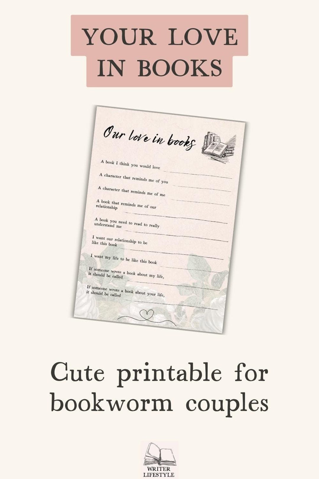 Cute Printable for Bookworm Couples, Get to Know Me Game for Date Night ...