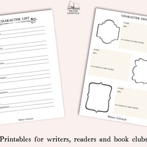 Character Printables for Writers, Character List and Bio Worksheets for ...