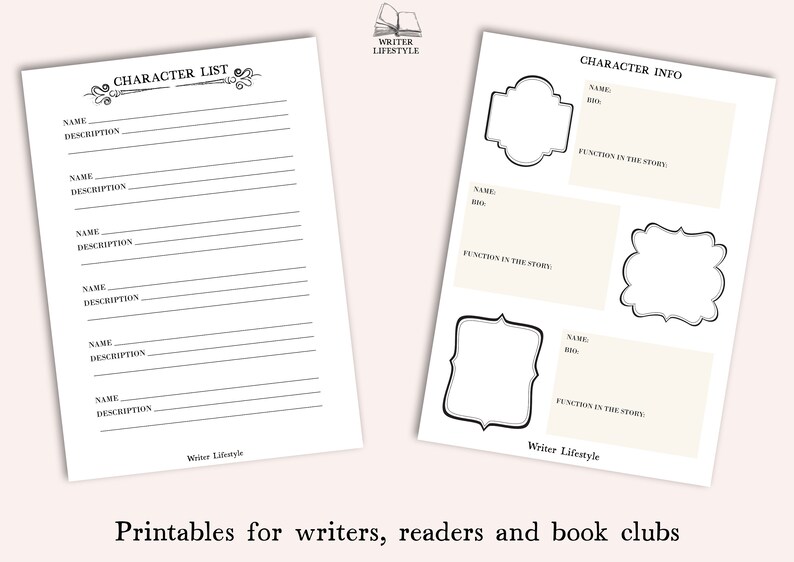 Character Printables for Writers, Character List and Bio Worksheets for ...