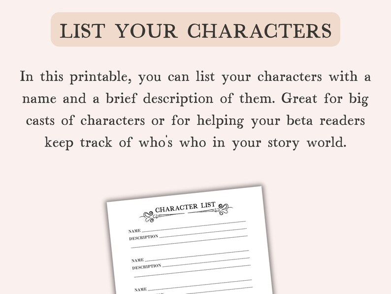 Character Printables for Writers, Character List and Bio Worksheets for ...