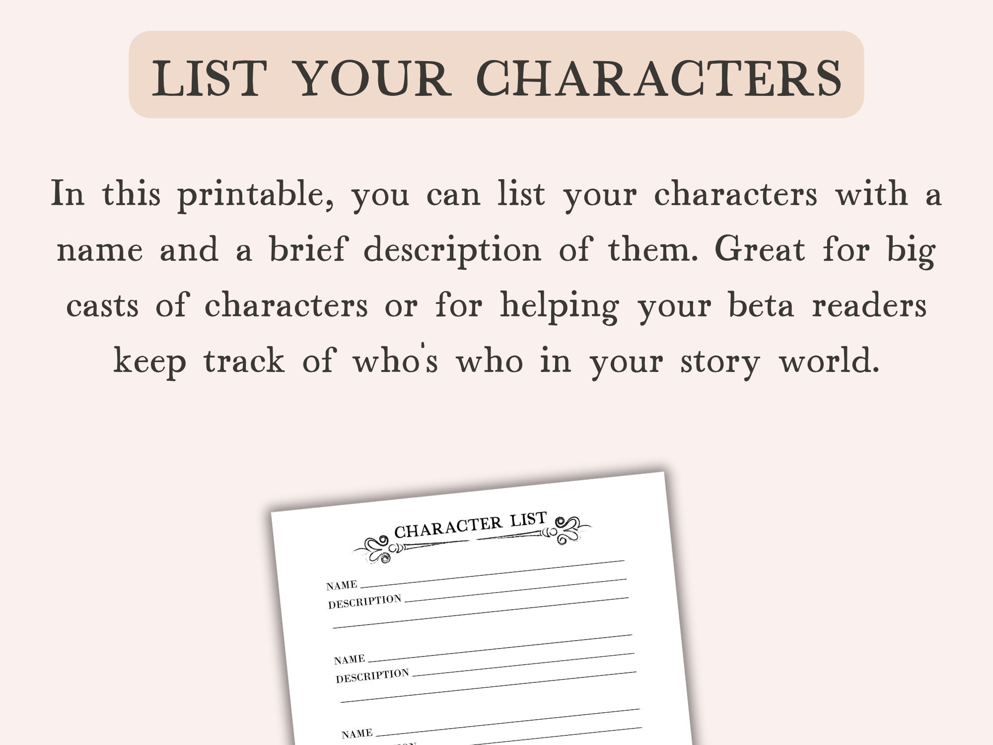 Character Printables for Writers, Character List and Bio Worksheets for ...