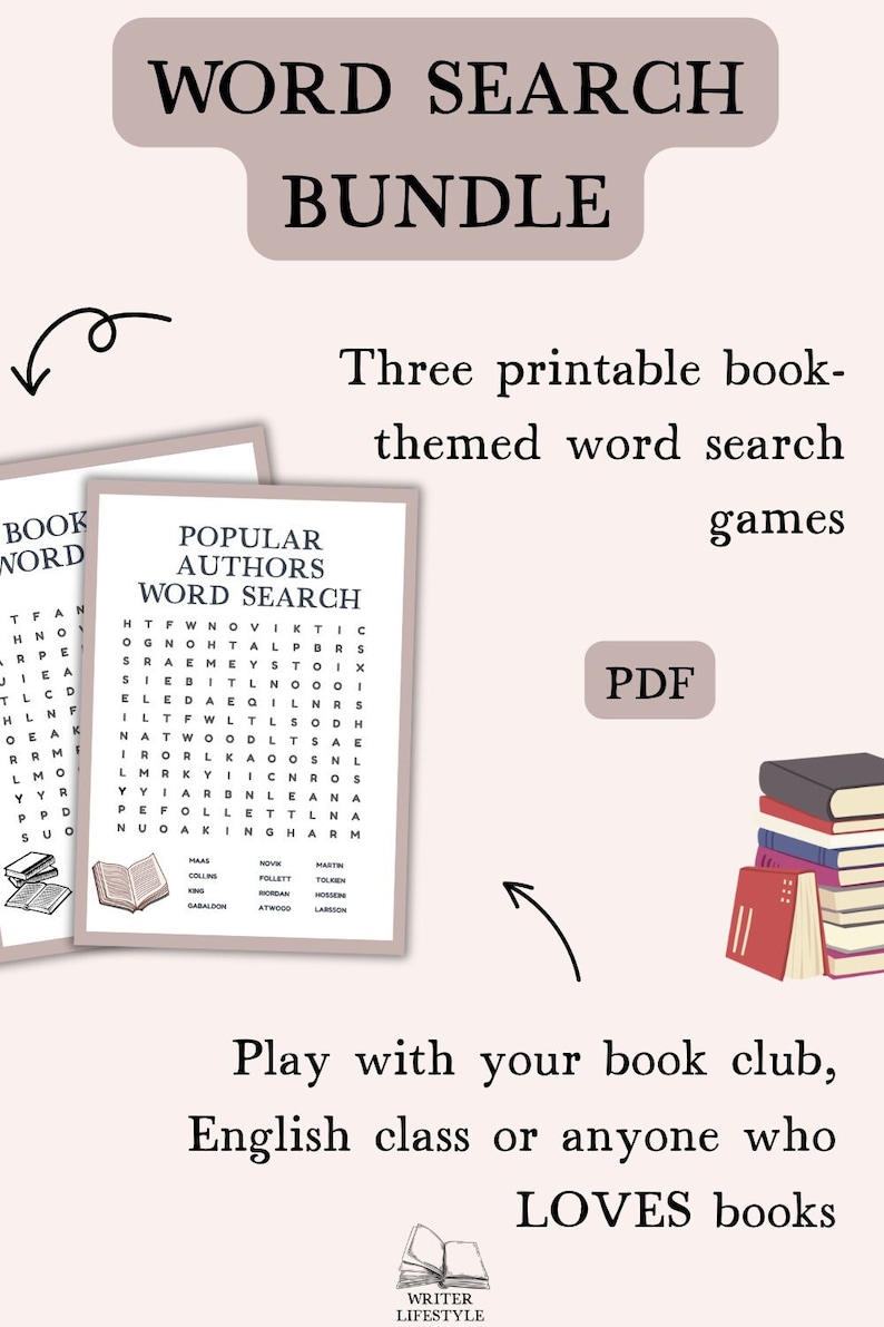 Word Search Bundle for Bookworms, Printable Word Games, Book Club ...