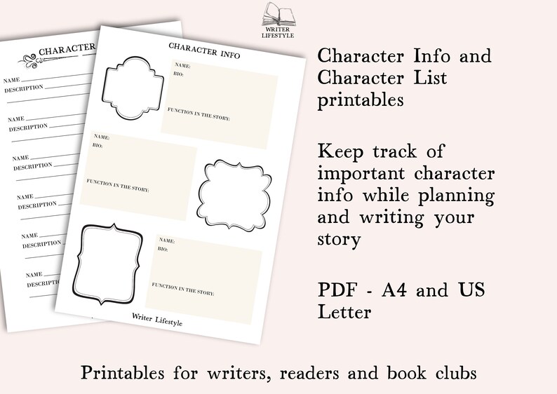 Character Printables for Writers, Character List and Bio Worksheets for ...