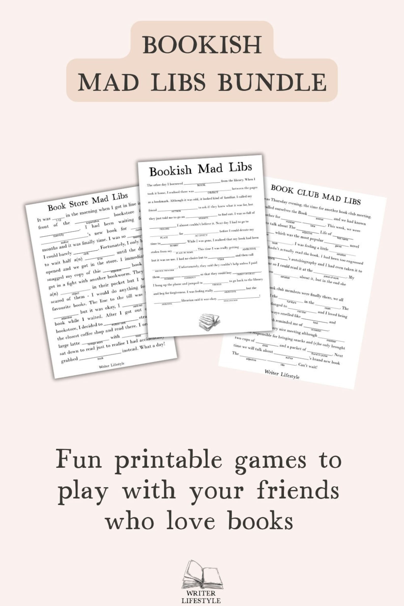 Printable Mad Libs Bundle for Bookworms, Book Club Game, Funny Party ...