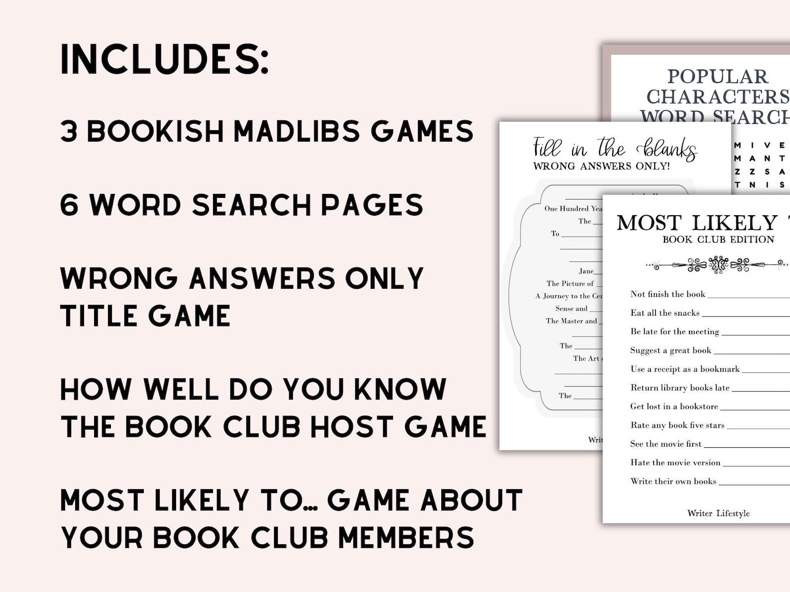Printable Game Bundle for Book Clubs, Bookworm Party Games, Book Club ...