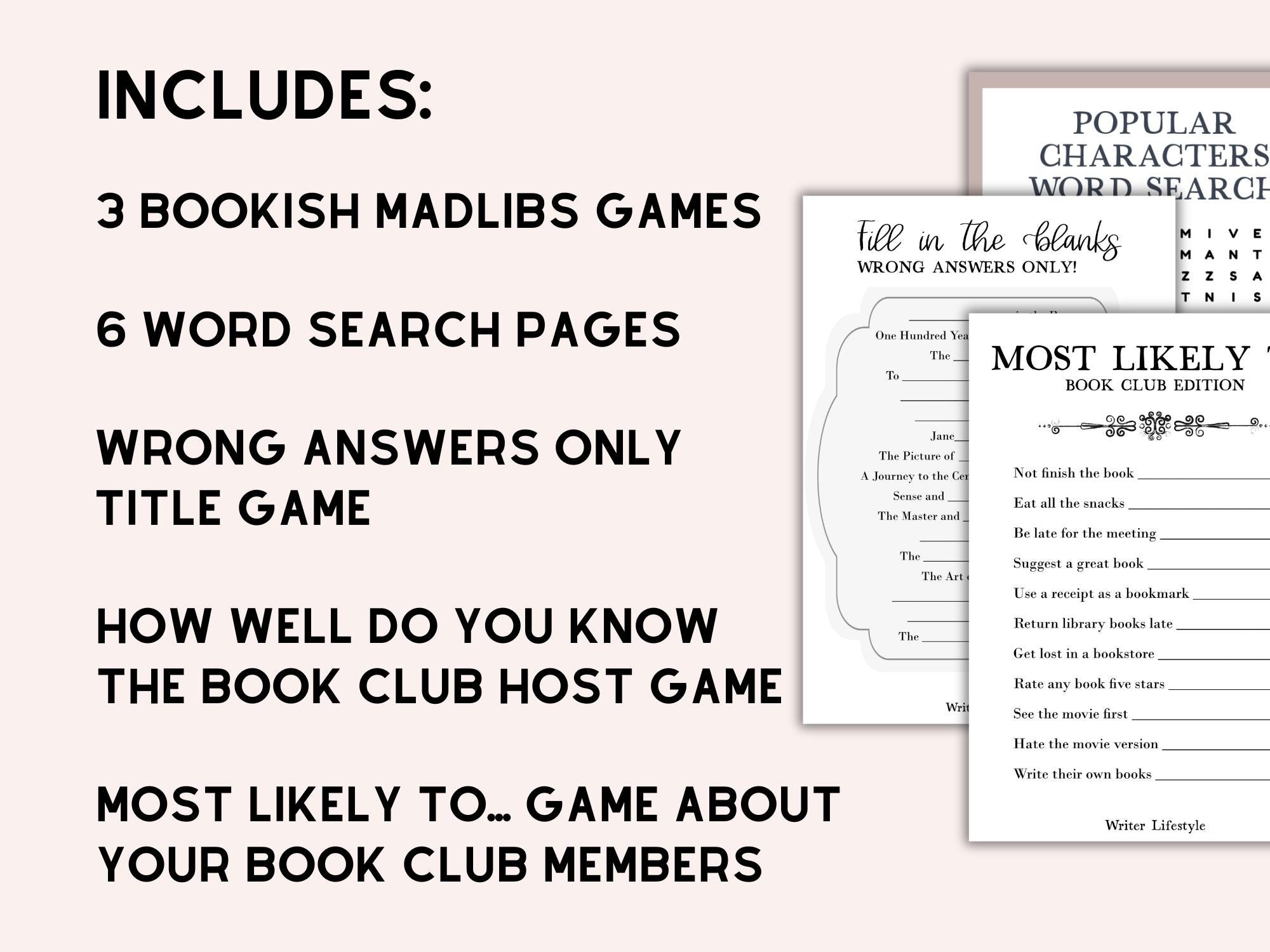 Printable Game Bundle for Book Clubs, Bookworm Party Games, Book Club ...